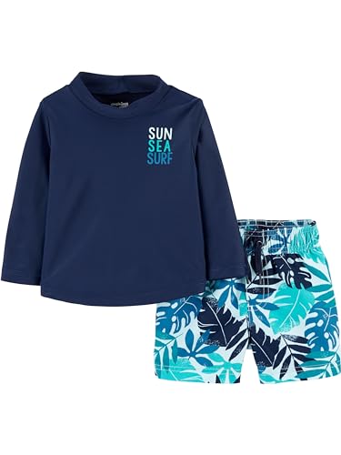 Simple Joys by Carter's Boys' Swimsuit Trunk and Rashguard Set, Navy White Tropical, 3T