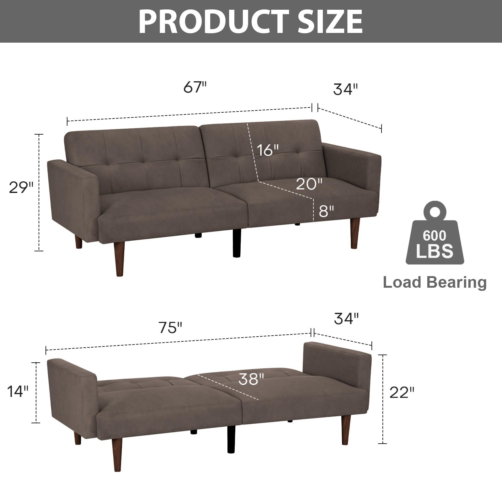 Artfurniz Folding Futon Sofa Bed: Reclining Sleeper Loveseat Convertible Modern Faux Leather Couch for Living Room Bedroom Apartment Solid Wood Leg, Dark Grey