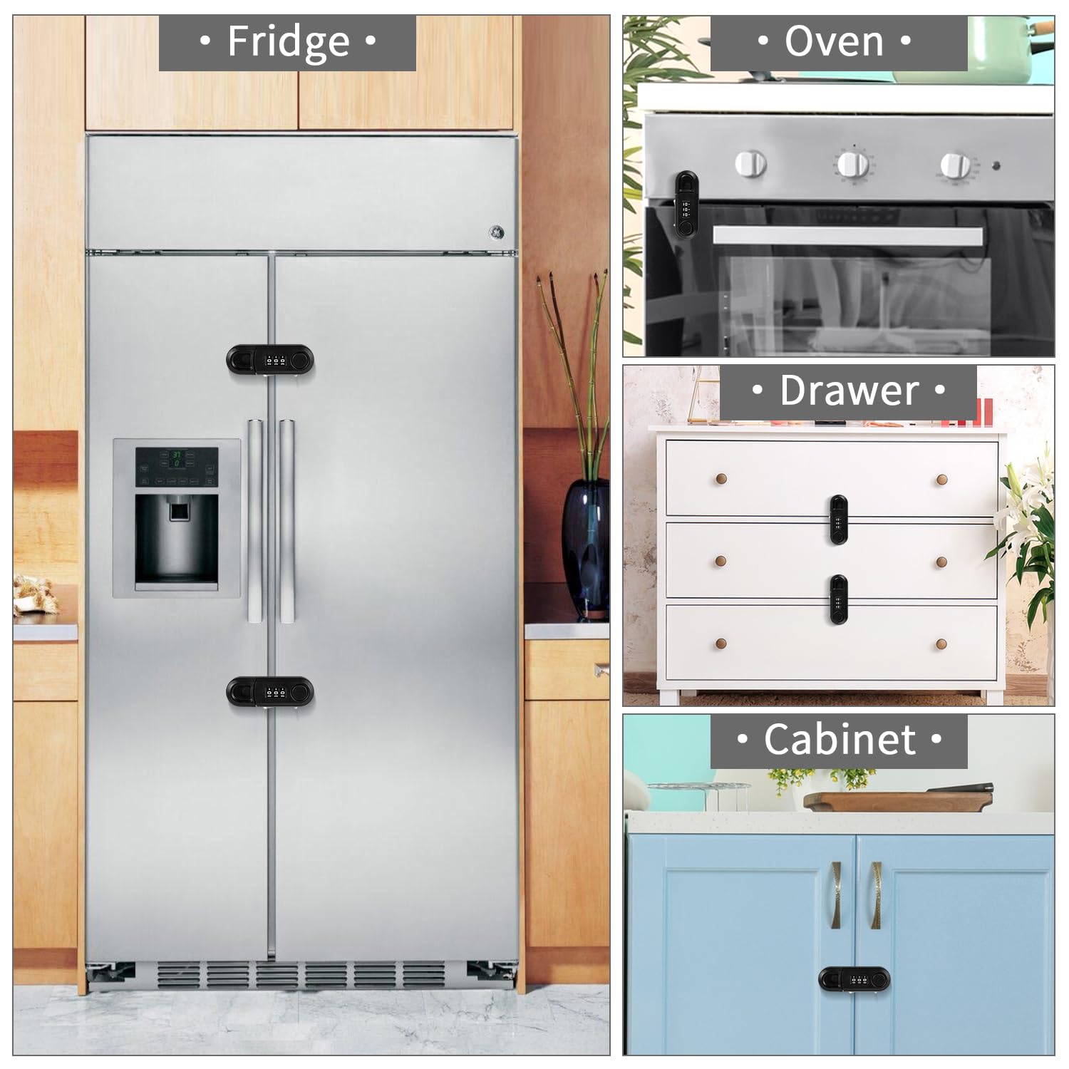 4 Pack Cabinet Locks Baby Proofing Fridge Lock Child Proof Refrigerator Lock Combination Freezer Door Lock for Knob Toddlers Kids Safety Latches, No Tools or Drilling Need - Black