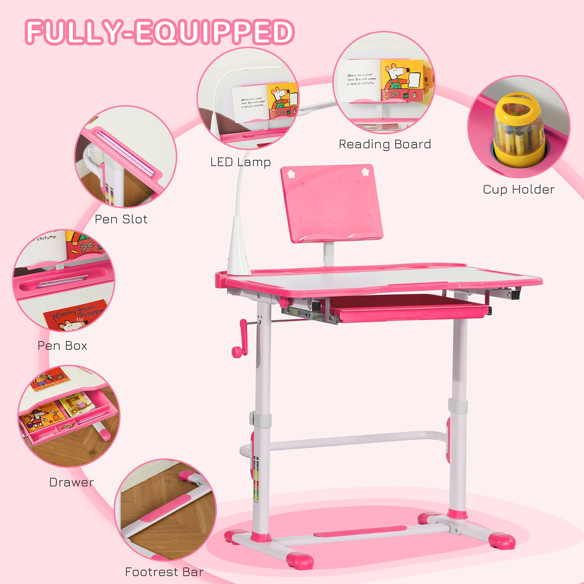 Qaba Kids Desk and Chair Set, Height Adjustable School Study Table and Chair, Student Writing Desk with Tilt Desktop, LED Light, Pen Box, Drawer, Reading Board, Cup Holder, and Pen Slots, Pink