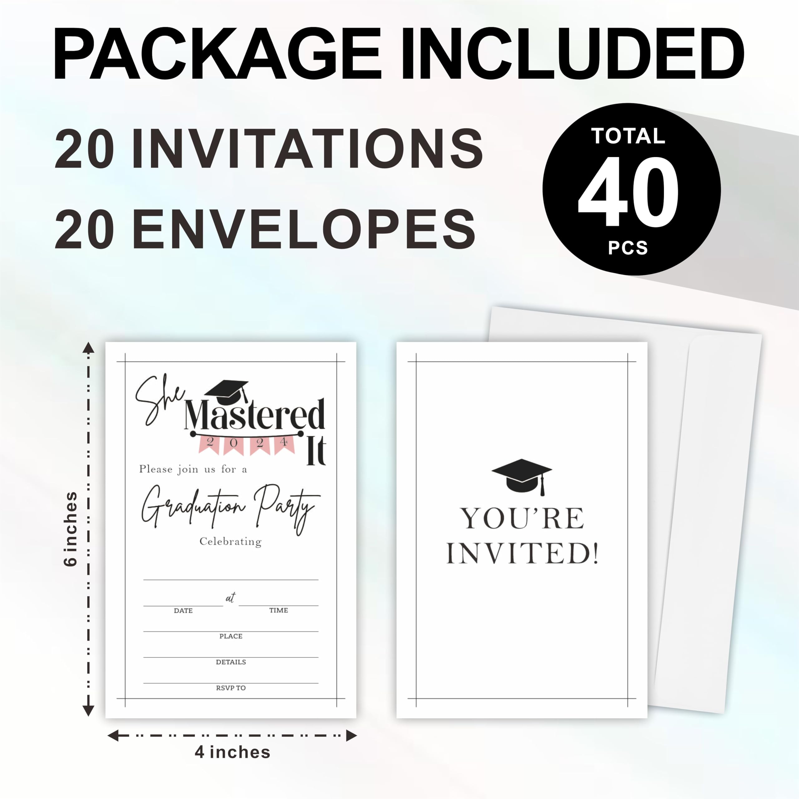 She Mastered It - 20 Graduation Invitation With Envelopes, 2024 High School, Double-Sided Invite Cards For University, College Graduate Celebration, Party Favor & Supplies(A05)