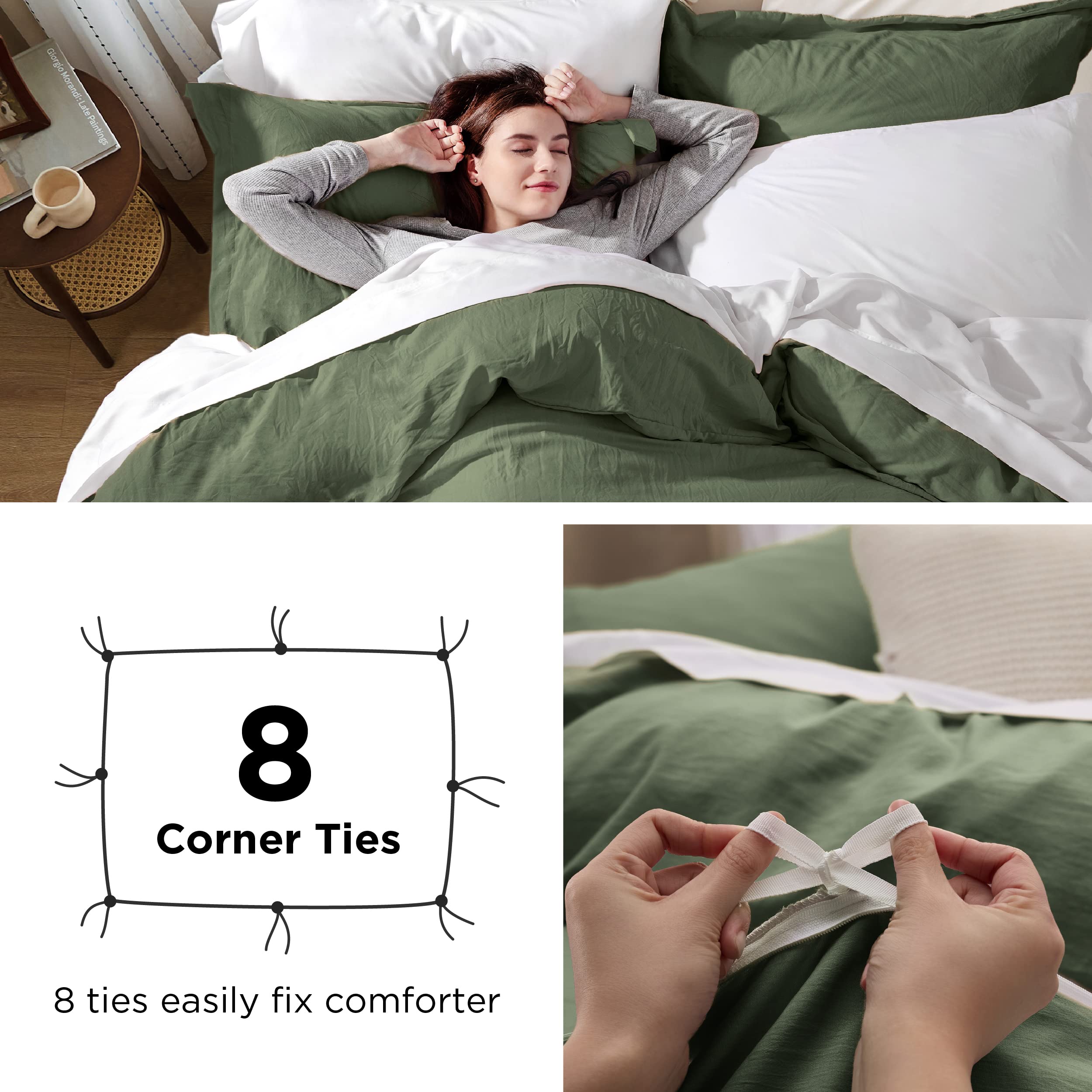 Bedsure Olive Green King Prewashed Microfiber Duvet Cover Set + Tannish Linen 100% Jersey Knit Cotton Duvet Cover Set, Zipper Closure, King Size