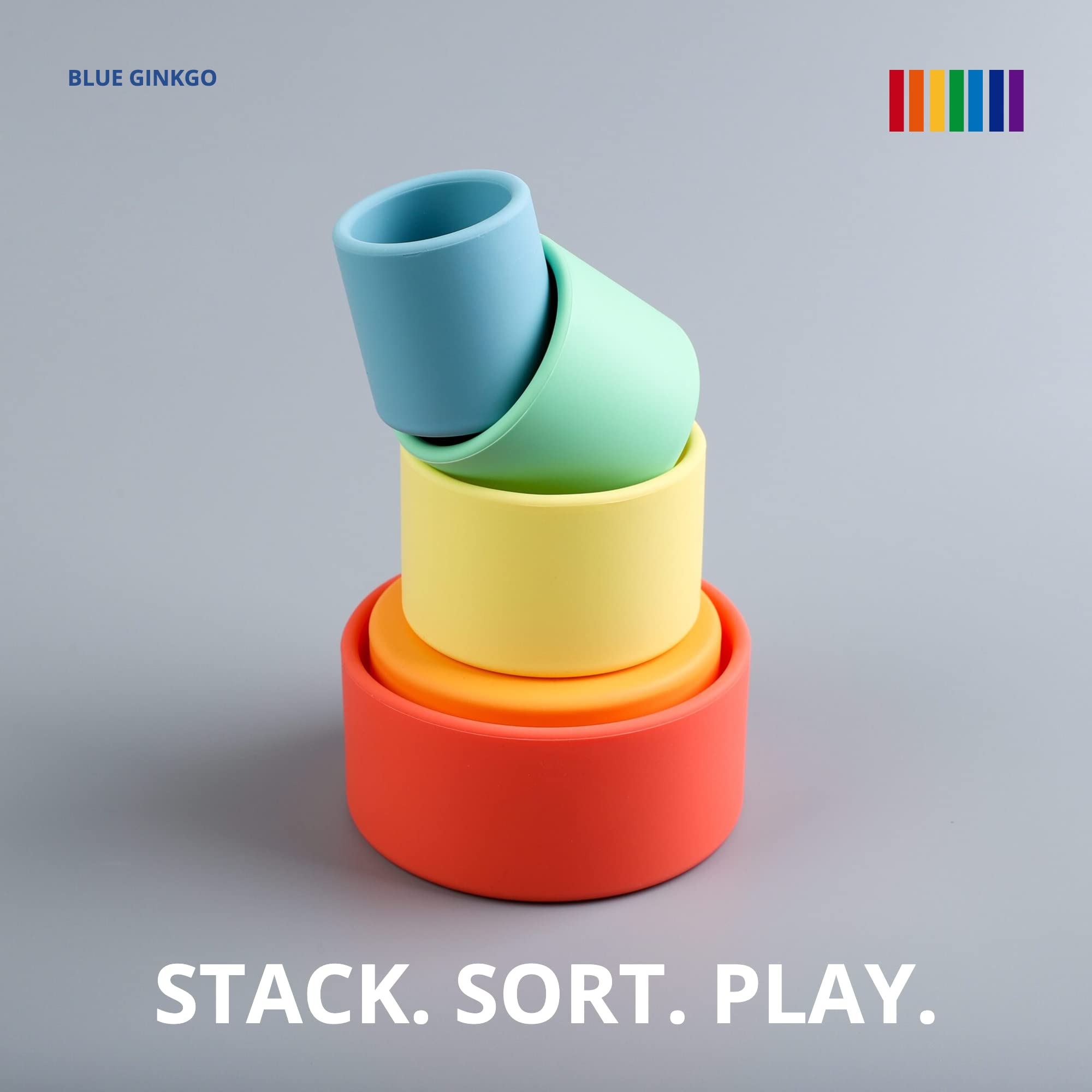 BLUE GINKGO Silicone Stacking Cups β Nesting & Sensory Stacking Toy for Toddlers | Open-Ended Montessori Toy with 5 Cups (Matte Colors)