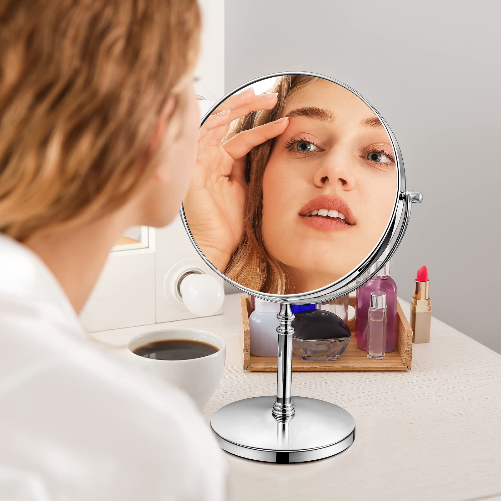 KEDSUM 1X/10X Magnifying Makeup Mirror, 8 Inch Large Table Mirror with Stand, Personal Makeup Mirror with Magnification, Double Sided Vanity Mirror with 360° Rotation, Detachable Base