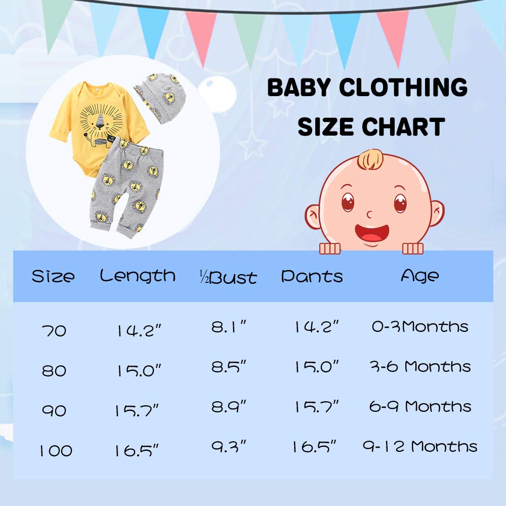 Newborn Baby Boy Clothes Little Lion Print Romper+Pants+Hat Newborn Boy Outfits Set(0-3 Months)