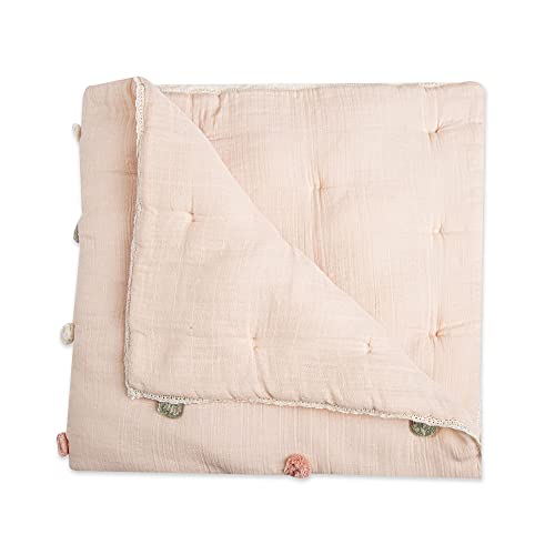 Crane Baby Blanket, Soft Cotton Pom Pom Nursery and Toddler Blanket for Boys and Girls, Light Pink, 36” x 36”