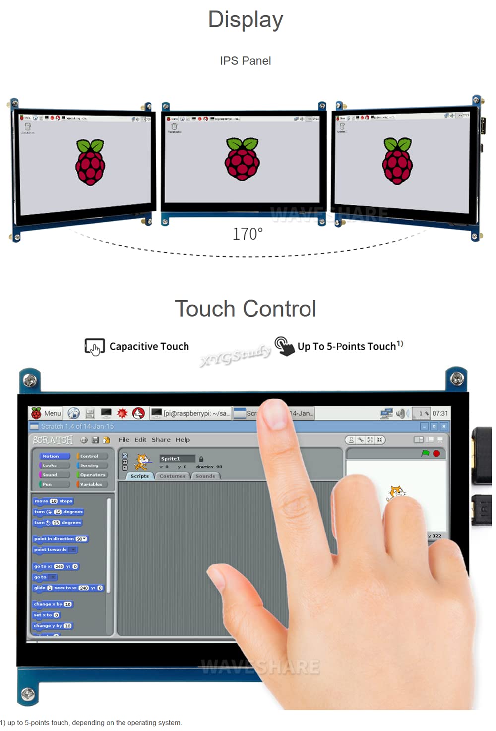 7inch HDMI LCD (C), HDMI Interface Raspbian LCD 1024 * 600 Capacitive Touch Screen Display Mini PC Supports Raspberry Pi 4 3 2 Model B B+ A+ & BeagleBone Black & Banana Pi/Pro @XYGStudy