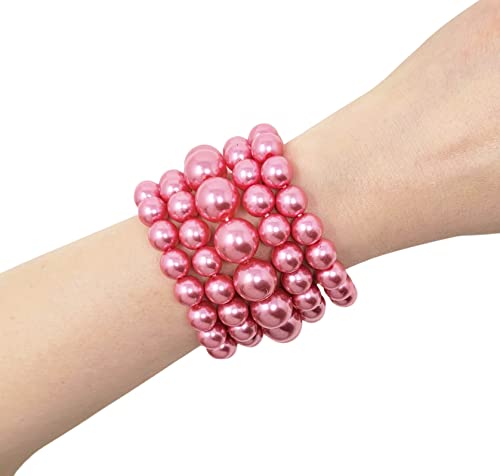 BA UNIQUE FASHION Women's Simulated Pearl Stretch Bracelet 5 PCS Set (Watermelon Pink)