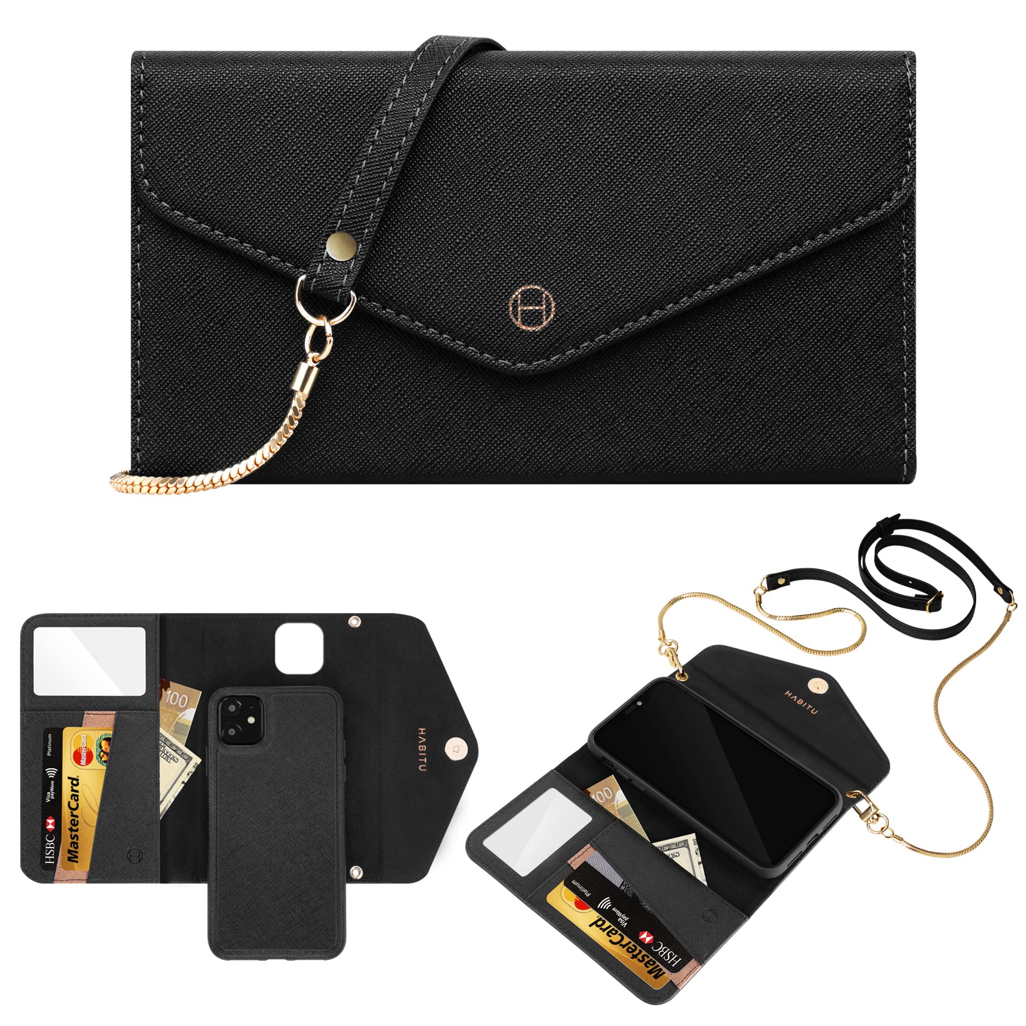 HABITU [Folio Collection 2022 Selene Crossbody Black Wallet Case for iPhone XR/11, Detachable Vegan Leather Magnetic Folio with Card Pockets, Mirror & Strap for Women, for Women