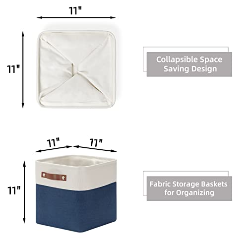 HNZIGE Fabric Cube Storage Bins Basket for Shelves Set of 4, Fabric Storage Cubes Baskets Closet Storage Bins for Cube with Handles, Cubby Storage Bins for Organizing Home Office (White Blue)