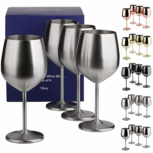 ARORA Stainless Steel Wine Glass 18oz - Set of 4 Matte Silver - 3.6" D x 8.3" H, Large (851005)