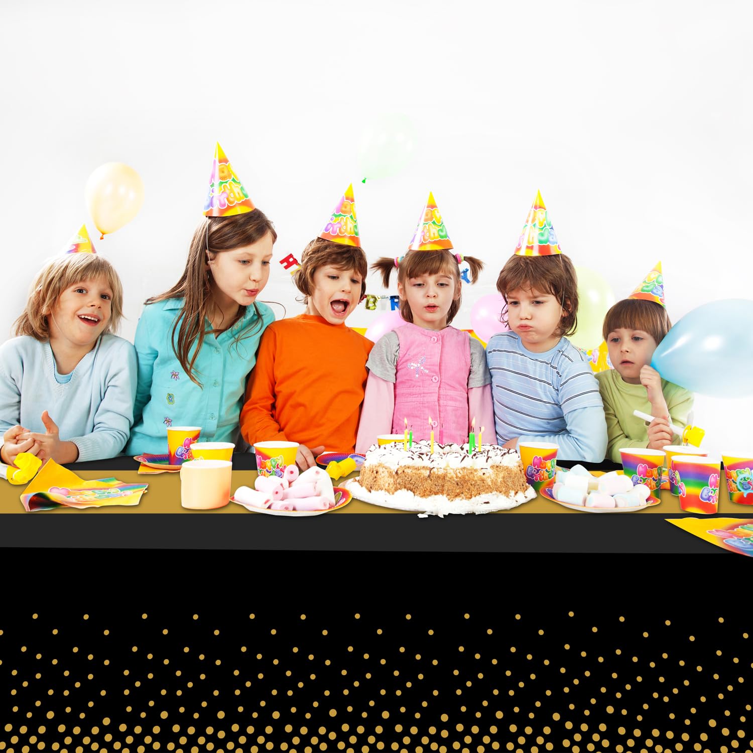 byojia 4 Pack 2in1 Disposable Plastic Tablecloths 54" x 108" Black and Gold Dot Kitchen Table Cloth Rectangle Table Cover for Wedding Birthday Baby Shower Anniversary Christmas Graduation
