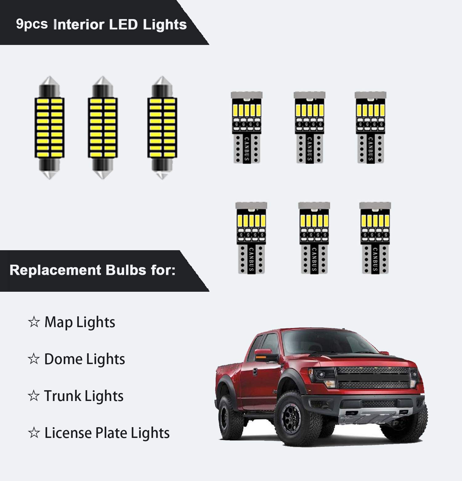 9pcs F150 Interior LED Lights Kit Super Bright LED Map Dome Light Bulbs for 2009 2010 2011 2012 2013 2014 Ford F150 Pickup all models