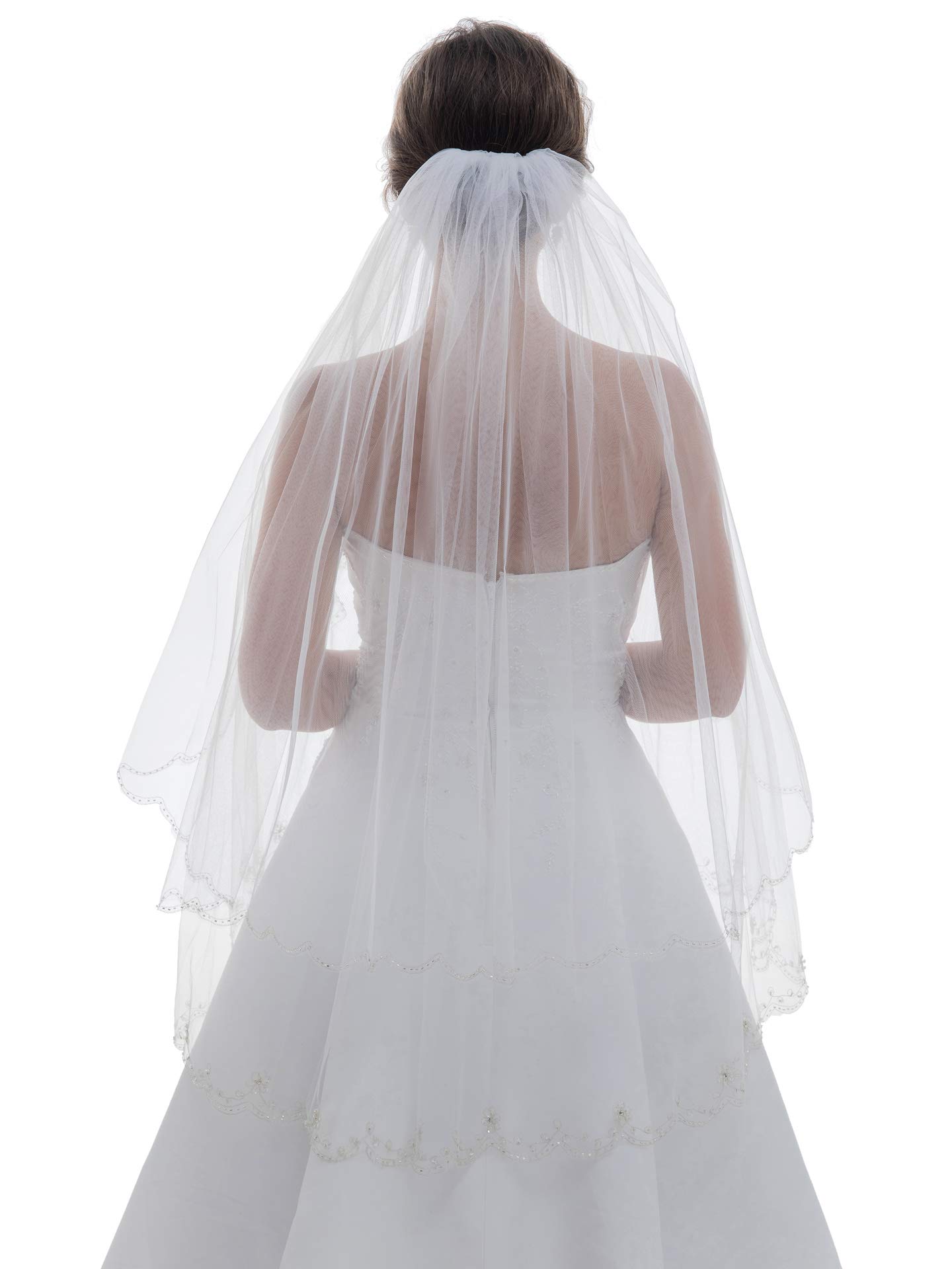 2T 2 Tier Silver Threaded Beaded Wedding Veil V426 - Light Ivory Fingertip Length 36"
