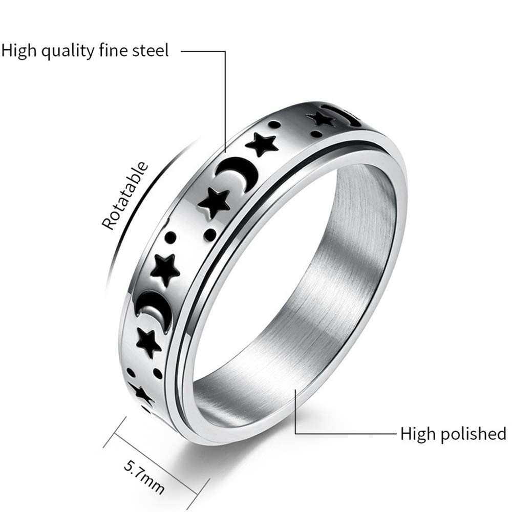 7mm Stainless Steel Star Moon Pattern Rotating Spinner Wedding Band Statement Promise Ring (Silver, 6)