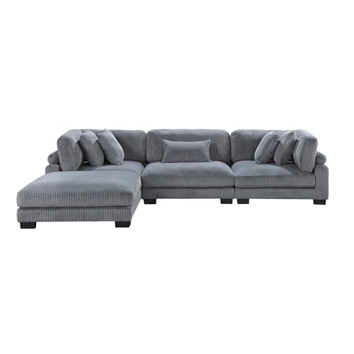 Lexicon Modular Sectional Sofa, Oversized Sectional Sofa, Corduroy Sectional Couch, Extra Large Sofa Set with 5 Matching Pillows, 4 Seater L Shape Sofa with Ottoman, Gray