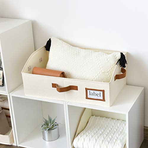 StorageWorks Closet Baskets, Canvas Baskets for Closet Shelves, Foldable Trapezoid Storage Bins with 3 PU Handles, Hand Wash, Ivory White, Jumbo, 3-Pack