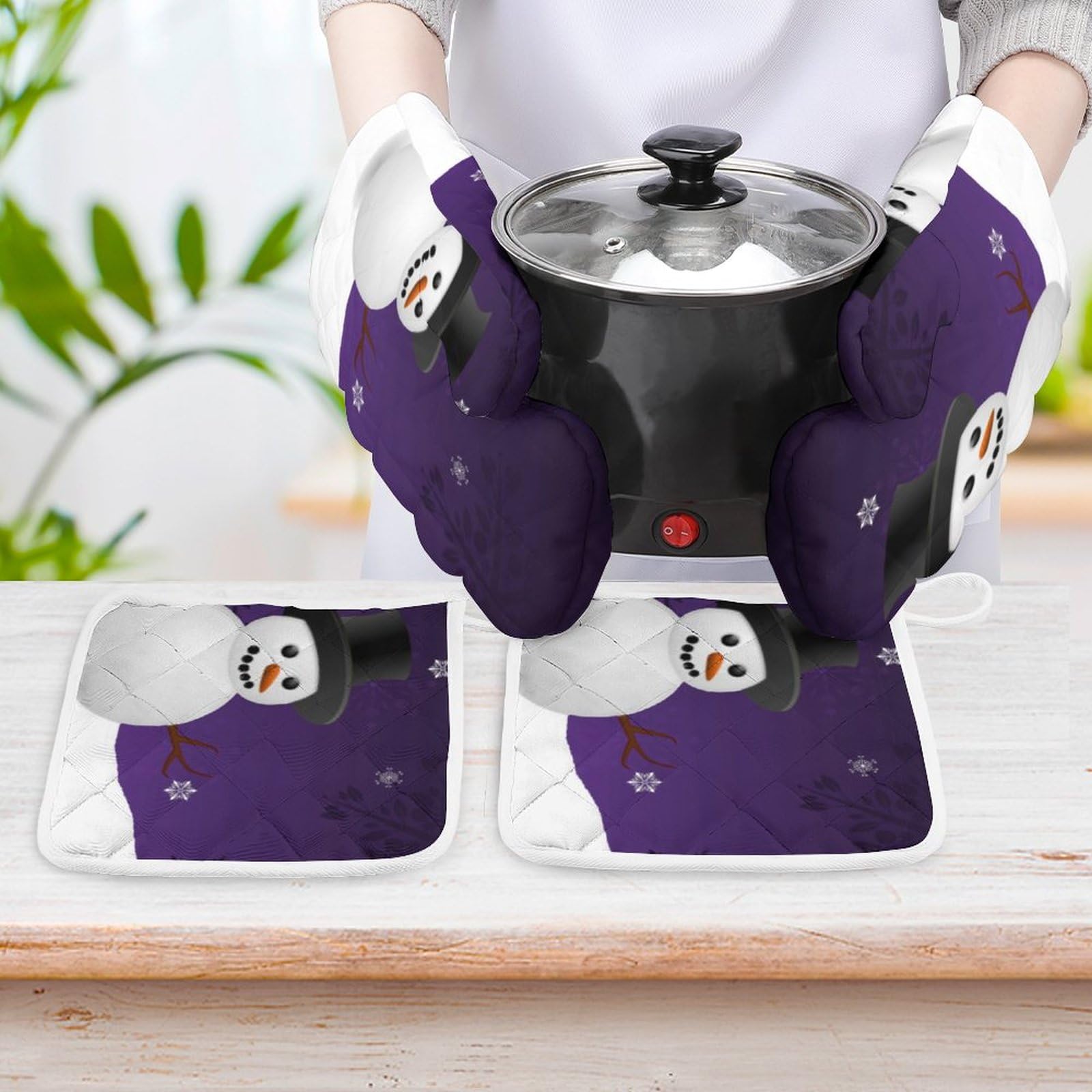 4PCS Oven Mitts and Pot Holders Sets, Purple Snowman Winter Christmas Oven Mitts Set Heat Resistant Kitchen Microwave Gloves Safe for Baking,Cooking, BBQ