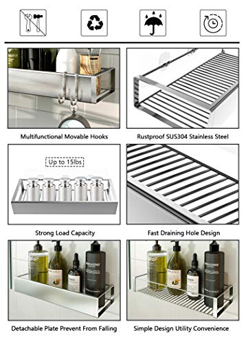 Roseyat Bathroom Adhesive Shower Caddy Basket Shelf with Hooks, No Drilling Removable Bathroom Shelf Organizer,Stainless Steel Rustproof Shower Rack for Shampoo Storage, Sponge Holder-Silver