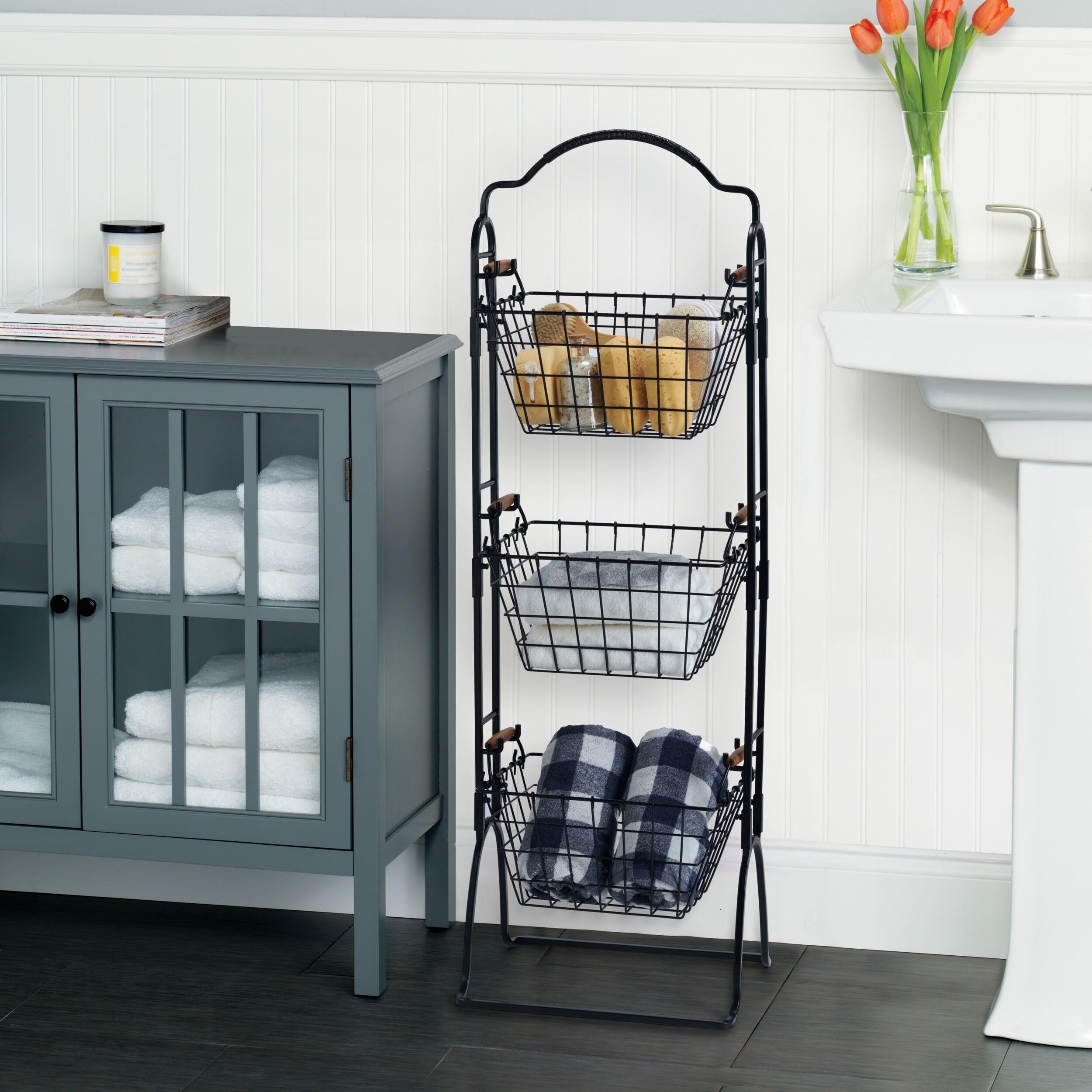 Gourmet Basics by Mikasa Pacific Floor Standing Storage Basket, 3 Tier, 48 x 16 x 13 Inch, Black