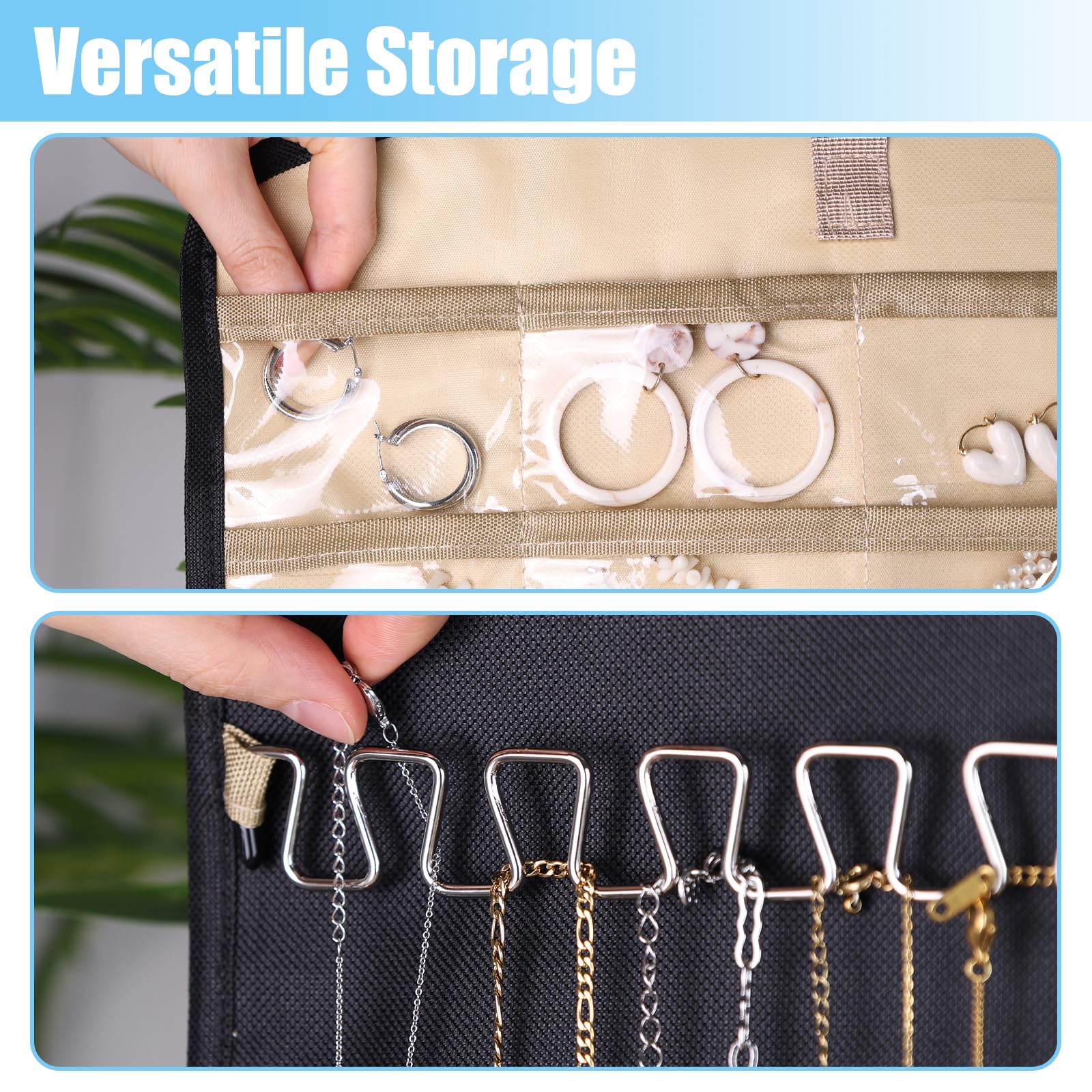 MCPINKY Hanging Jewelry Organizer Storage, 39 Pockets Earring Ring Bracelets,30 Necklaces Hanger on Closet Wall Door,Jewelry Display Storage Bag Double Sided,Large Black