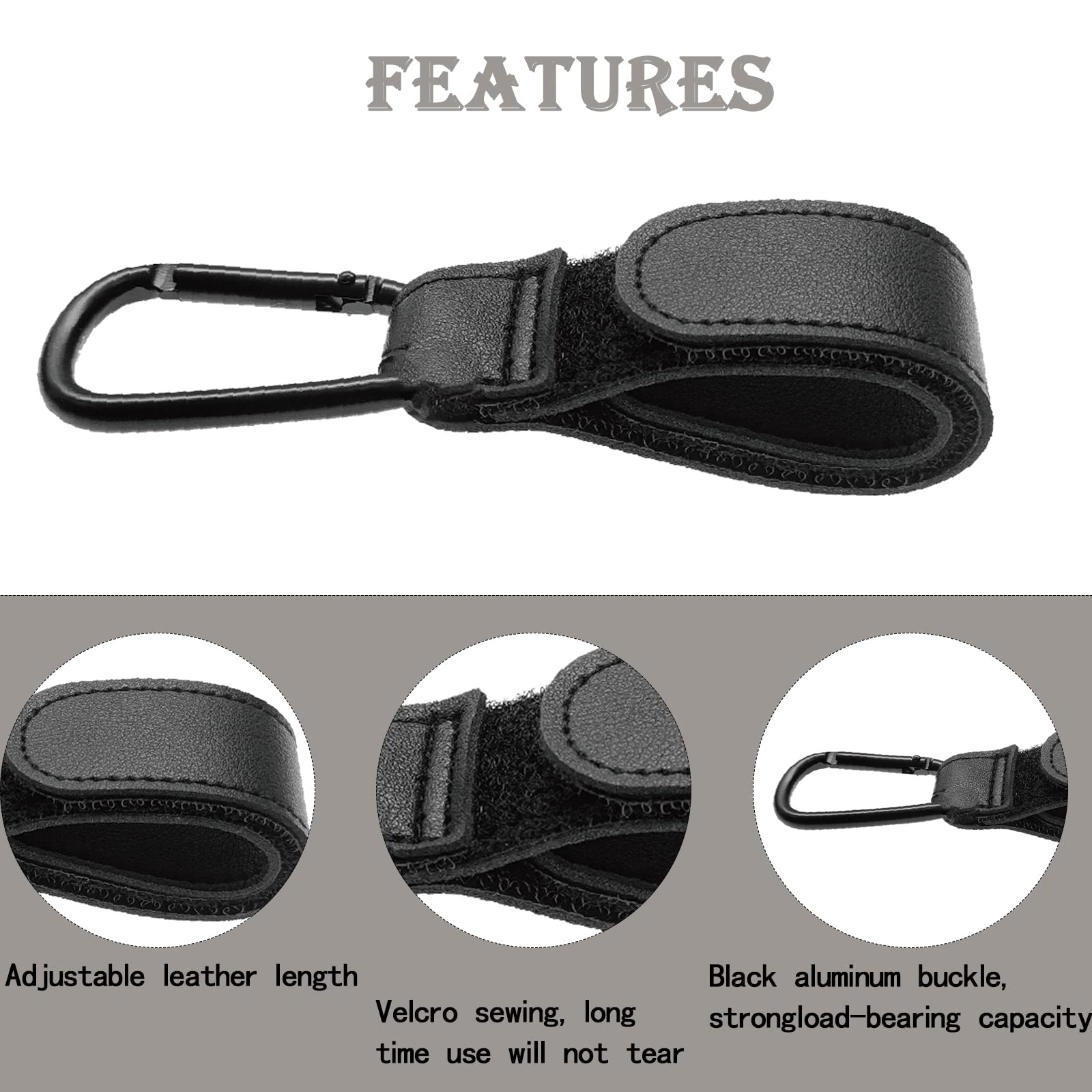 2pcs Baby Stroller Hooks Leather Heavy Duty Stroller Hook Multipurpose Hooks for Hanging Grocery Shopping, Bags Purse, Diaper Bags (Black)