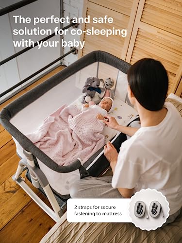 Earth&ME Baby Bassinet Bedside Sleeper with Rocking - All Mesh Portable Bedside Crib for Safe Co-Sleeping, Storage Basket and Wheels, Adjustable Height, Includes Travel Bag, Mosquito Net