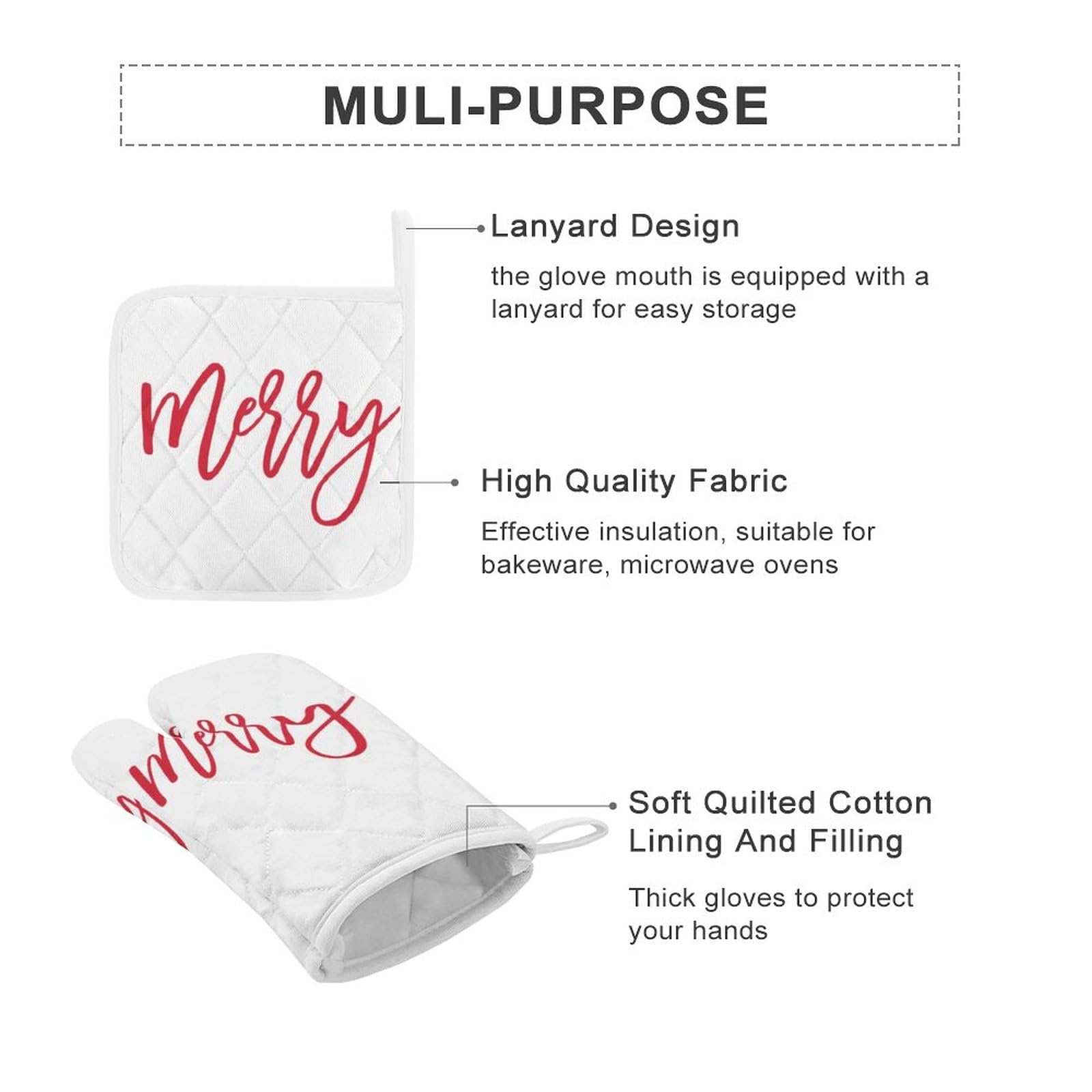 4PCS Oven Mitts and Pot Holders Sets, Merry Modern Red Holiday Christmas Oven Mitts Set Heat Resistant Kitchen Microwave Gloves Safe for Baking,Cooking, BBQ
