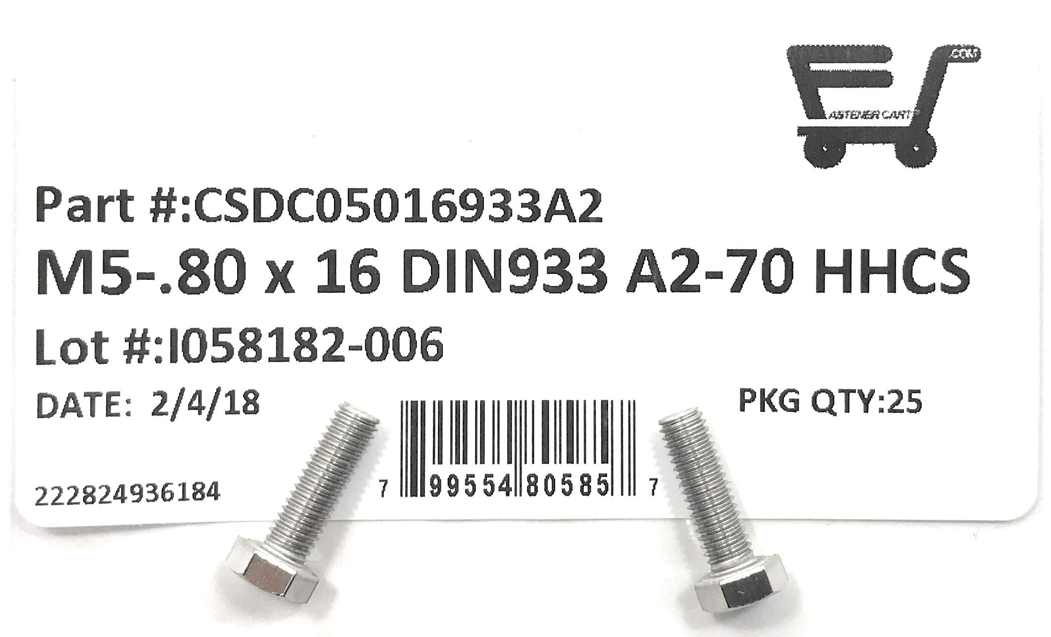 M5-.80 X 16 Hex Head Cap Screw Hex Bolts DIN933 (M5x16) Full Thread A2-70 Stainless Steel (25 Pieces)