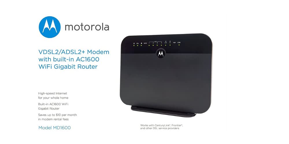MOTOROLA VDSL2/ADSL2+ Modem + WiFi AC1600 Gigabit Router, Model MD1600, for Non-Bonded, Non-Vectoring DSL from Frontier and Some Other DSL Providers (Renewed)