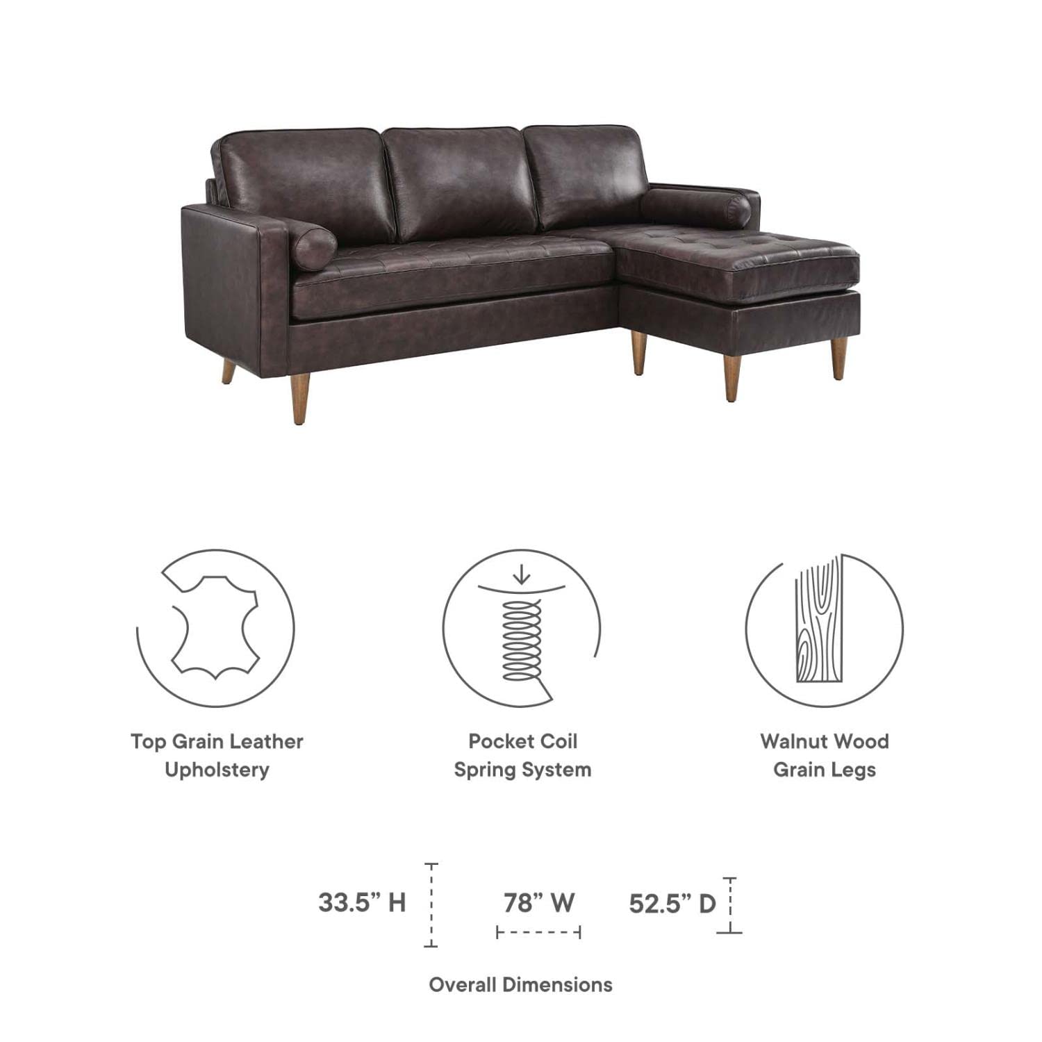 Modway Valour 78" Modern Style Leather Apartment Sectional Sofa in Brown