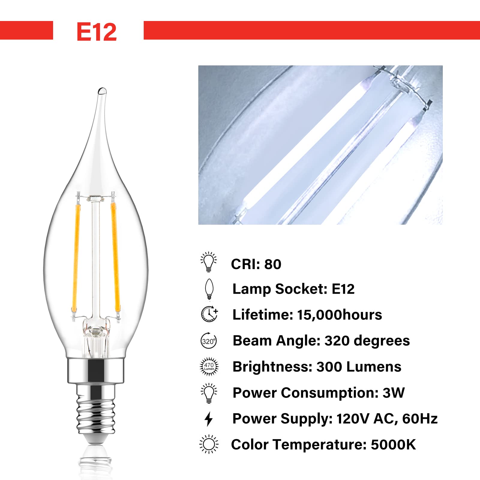 Sengled Candelabra Led Light Bulbs Dimmable, E12 Led Bulb 40 Watt Equivalent, CA10 Flame Tip Chandelier Light Bulbs, 5000K Daylight Candle Light Bulbs for Chandeliers, Ceiling Fan, Pendant, 12 Pack