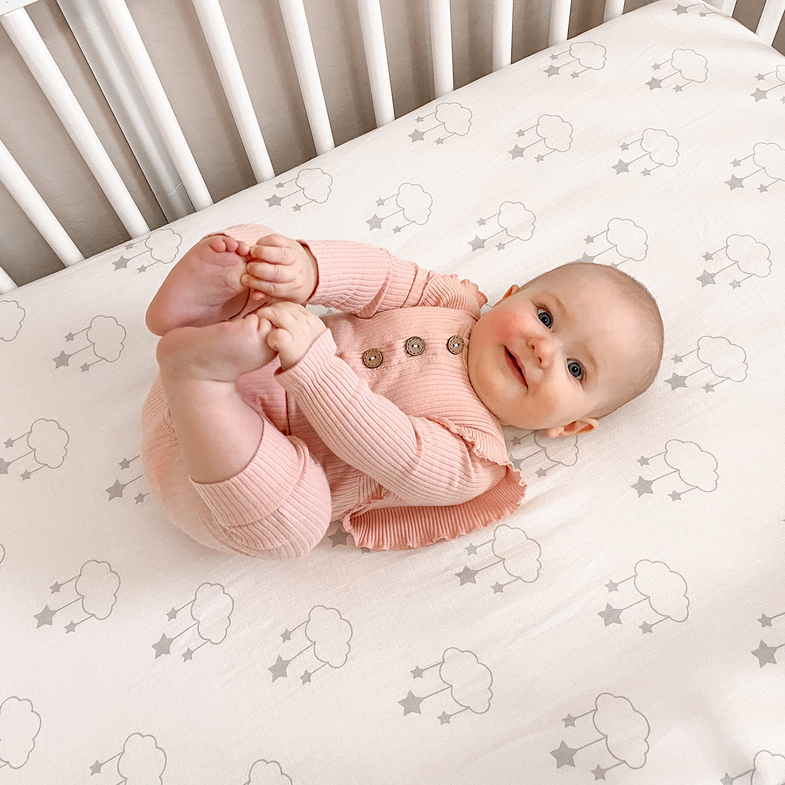 Newton Baby Mini Crib Fitted Sheets (2-Pack) | Organic Muslin Cotton, Breathable & Soft Baby Sheets, Washable Baby Mattress Sheets, Fits Any Mini Sized Crib 24" x 38", Wishing on a Star Print + White