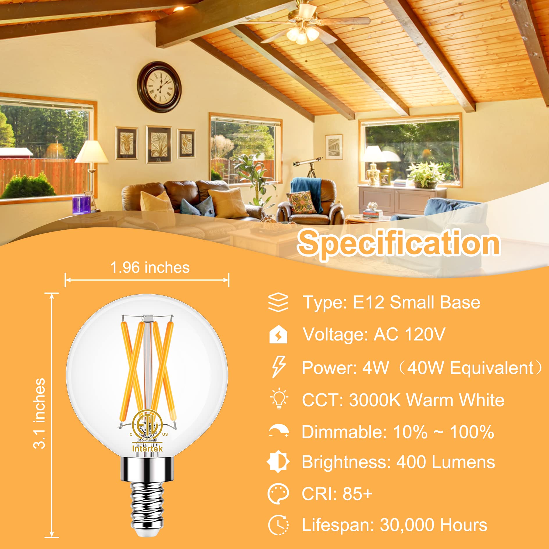 winshine E12 LED Bulb, 40W Equivalent, 3000K Soft White, Dimmable Candelabra LED Light Bulbs for Chandelier, Edison A15 LED Light Bulbs E12 Small Base for Ceiling Fan, 120V, CRI85+, 400LM, 8 Pack