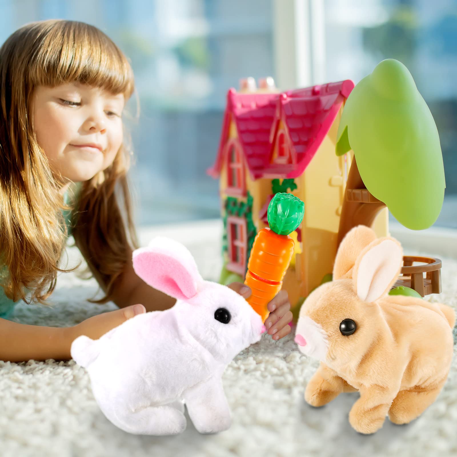 Civaner 2 Pcs Interactive Rabbit Toys Plush Stuffed Walking Bunny Toy with Sounds and Movements Hopping Robotic Toys Easter Gift Present (Rabbit Style)