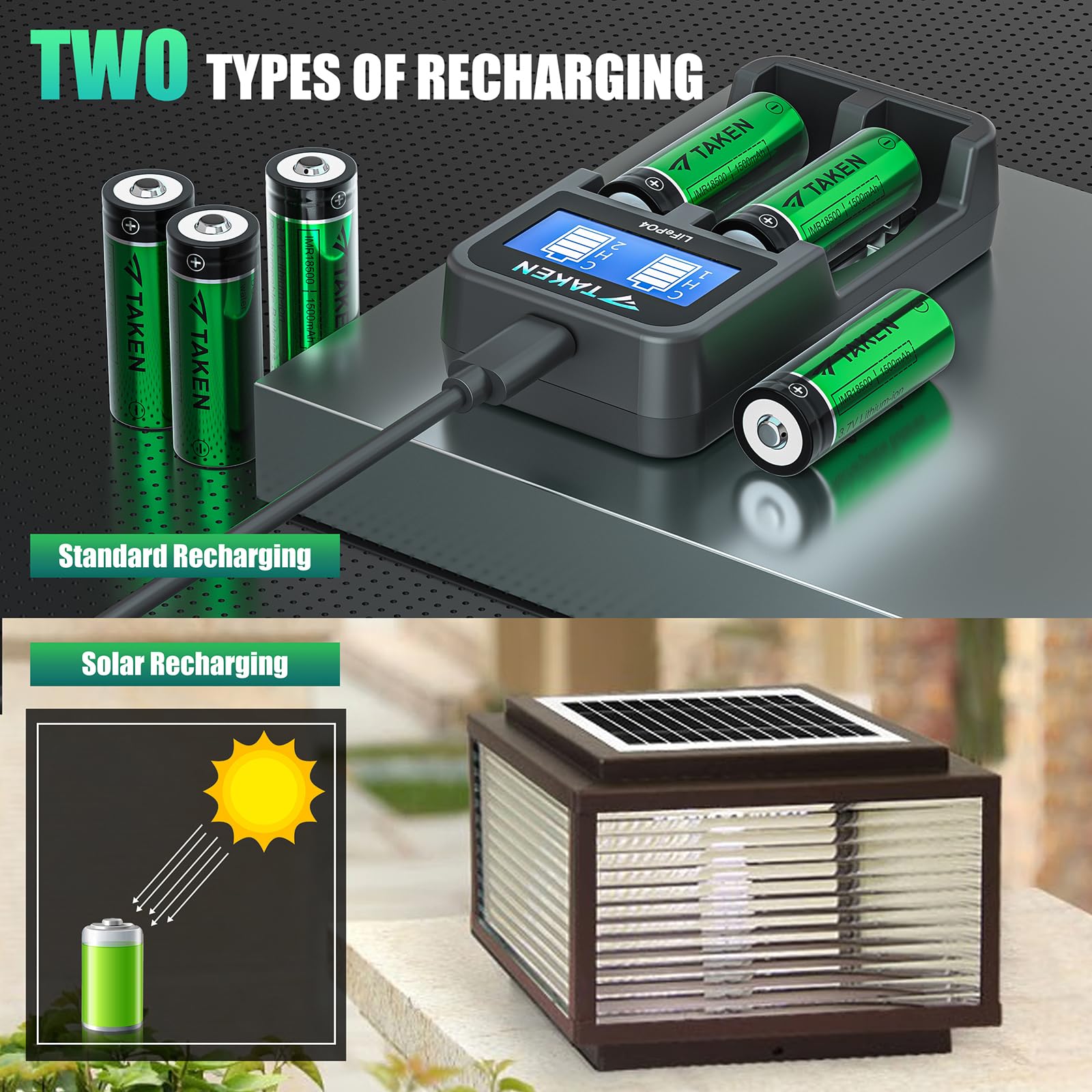Taken Garden Solar Light Batteries, IMR 18500 1500mAh 3.7V Li-ion Rechargeable Solar Batteries for Outdoor Solar Lights, LED Flashlights, Landscape Lighting - 4 Pack
