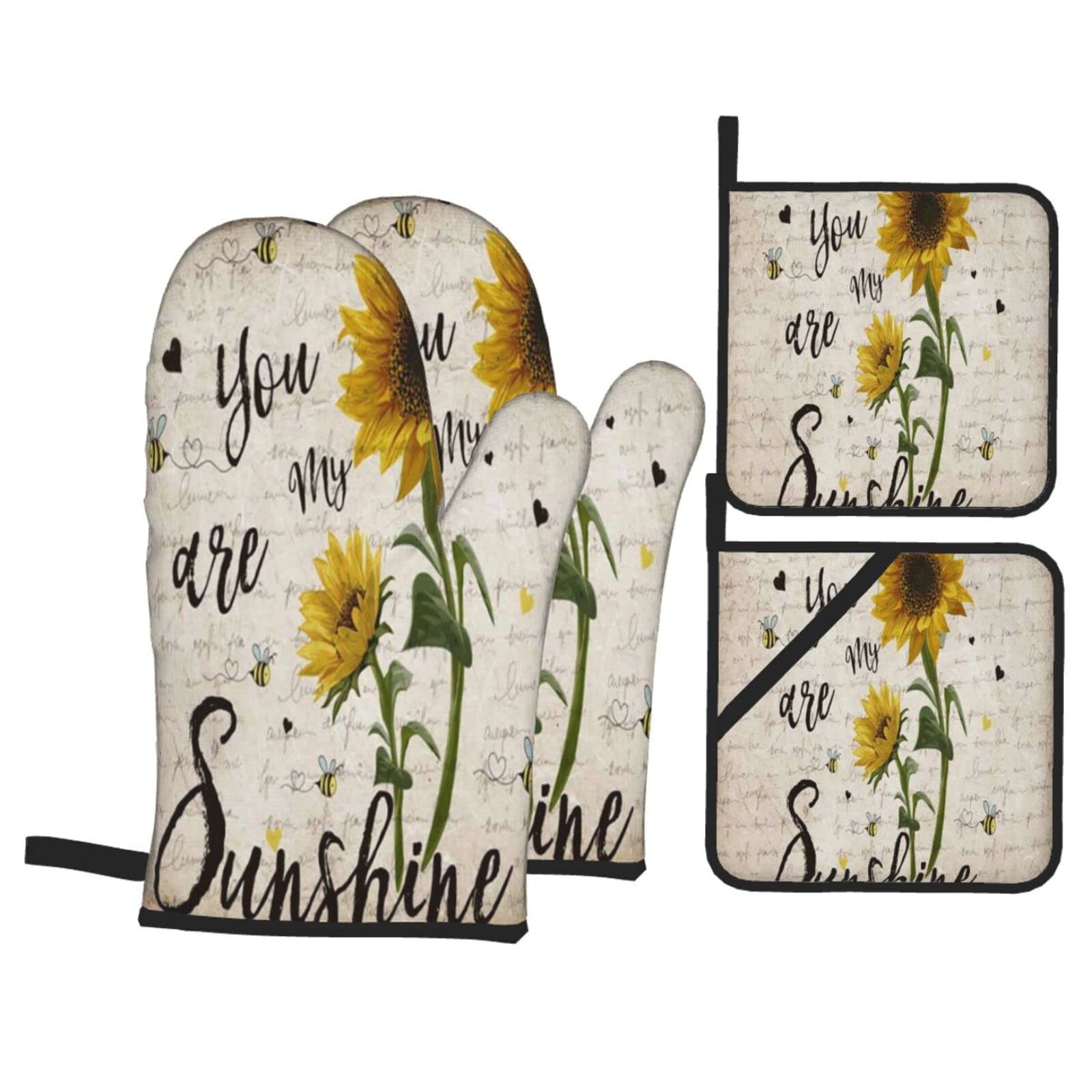 4-Piece Oven Glove and Pot Holder,You are My Sunshine Sunflower Retro Newspaper,Heat-Resistant Oven Glove and Pot Holder,Can Be Used for Cooking and Grilling