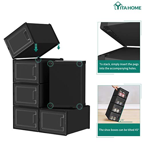 YITAHOME Shoe Box, Set of 12 Medium Size Shoe Storage Lightweight Plastic Organizers Stackable Shoe Storage Box Rack Drawers - Black