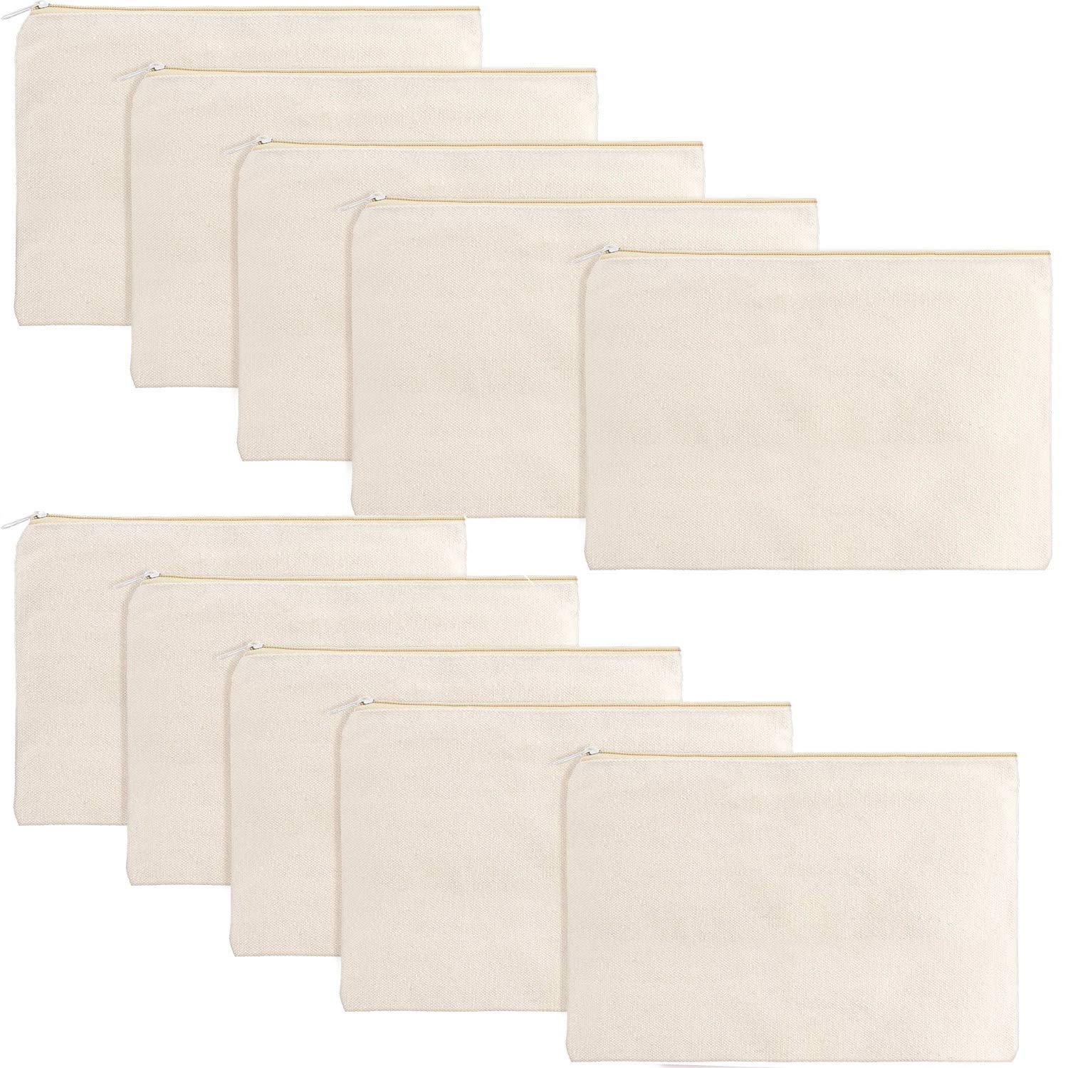 Juinelate 10 Pack Large Blank Canvas Makeup Multi-Purpose Cosmetics Bag with Zipper, Beige