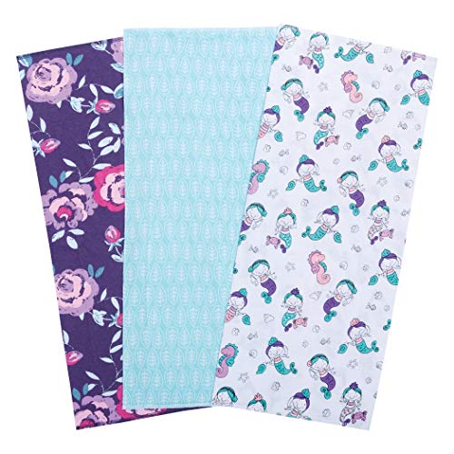 Mermaids 3 Pack Jersey Burp Cloth Set-Mermaid, Leaf, Watercolor Floral Prints, Purples, Turquoise, Teal, Pinks, Grays, Cotton Jersey, 20 in x 9 in Each