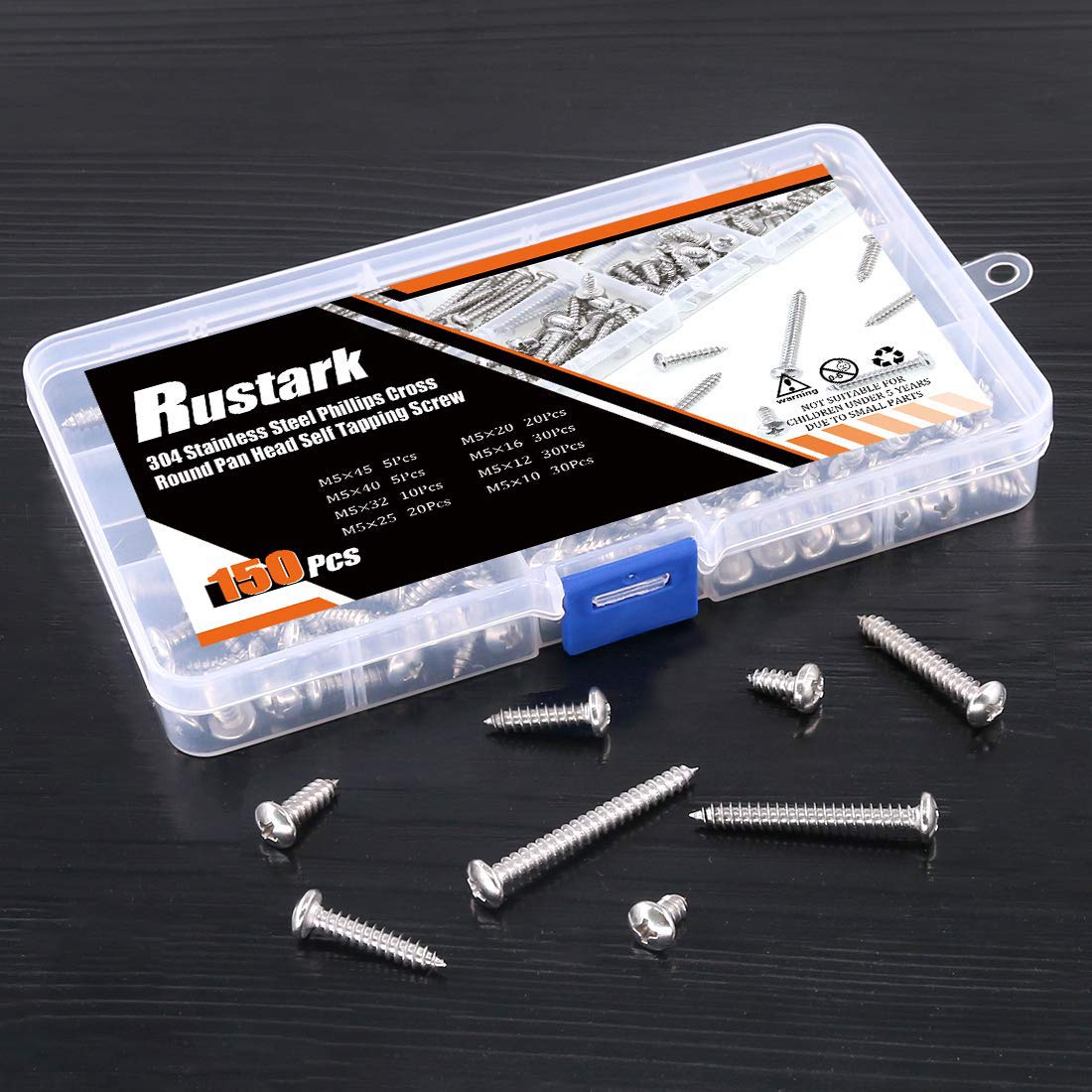 Rustark 150Pcs M5 304 Stainless Steel Round Pan Head Phillips Cross Screws Drive Self-Drilling Screws Assortment Kit