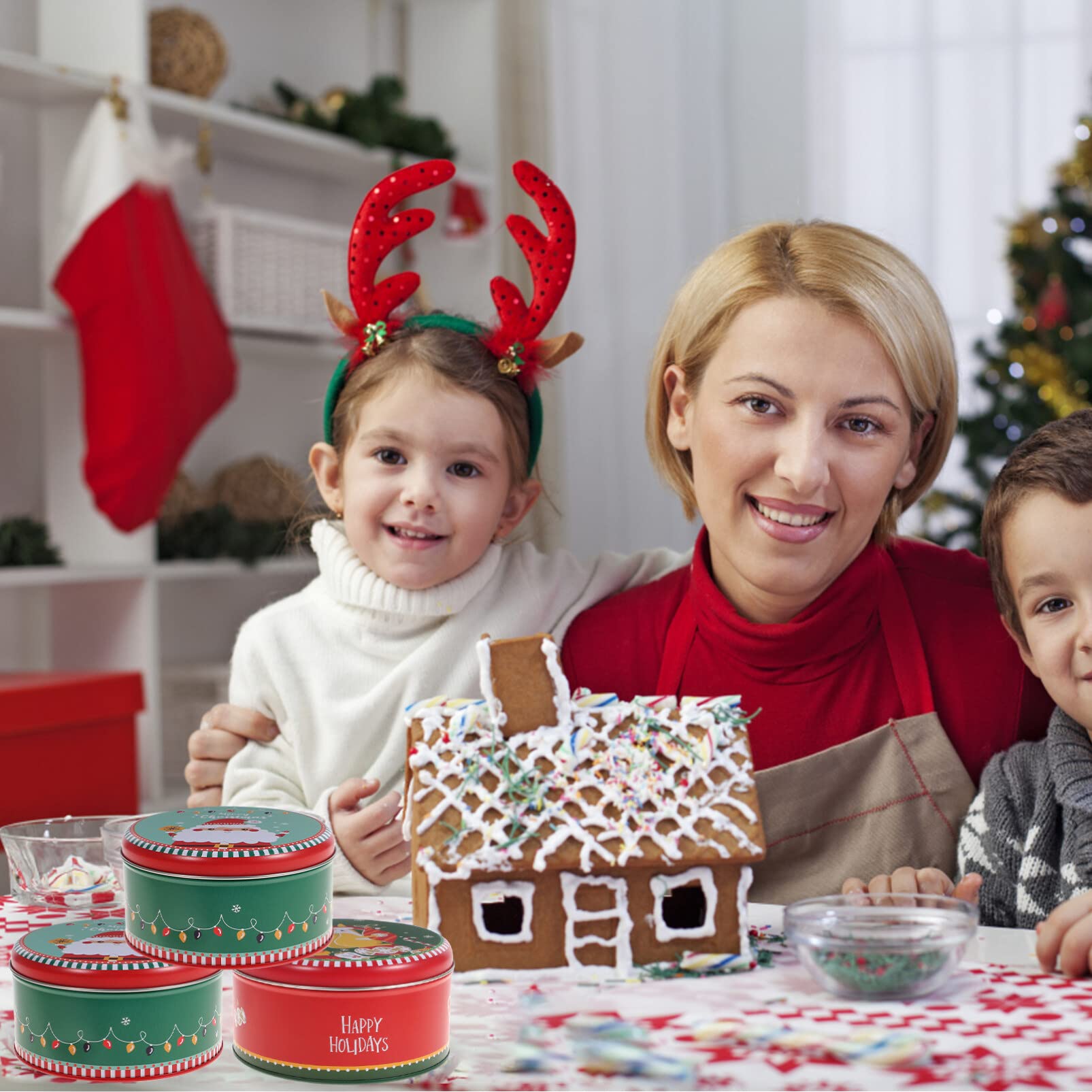 4pcs Round Christmas Cookie Tins- Metal Cookie Tins with Lids for Giving- Decorative Christmas Storage Containers for Storing Candies Biscuits Treat Small and More