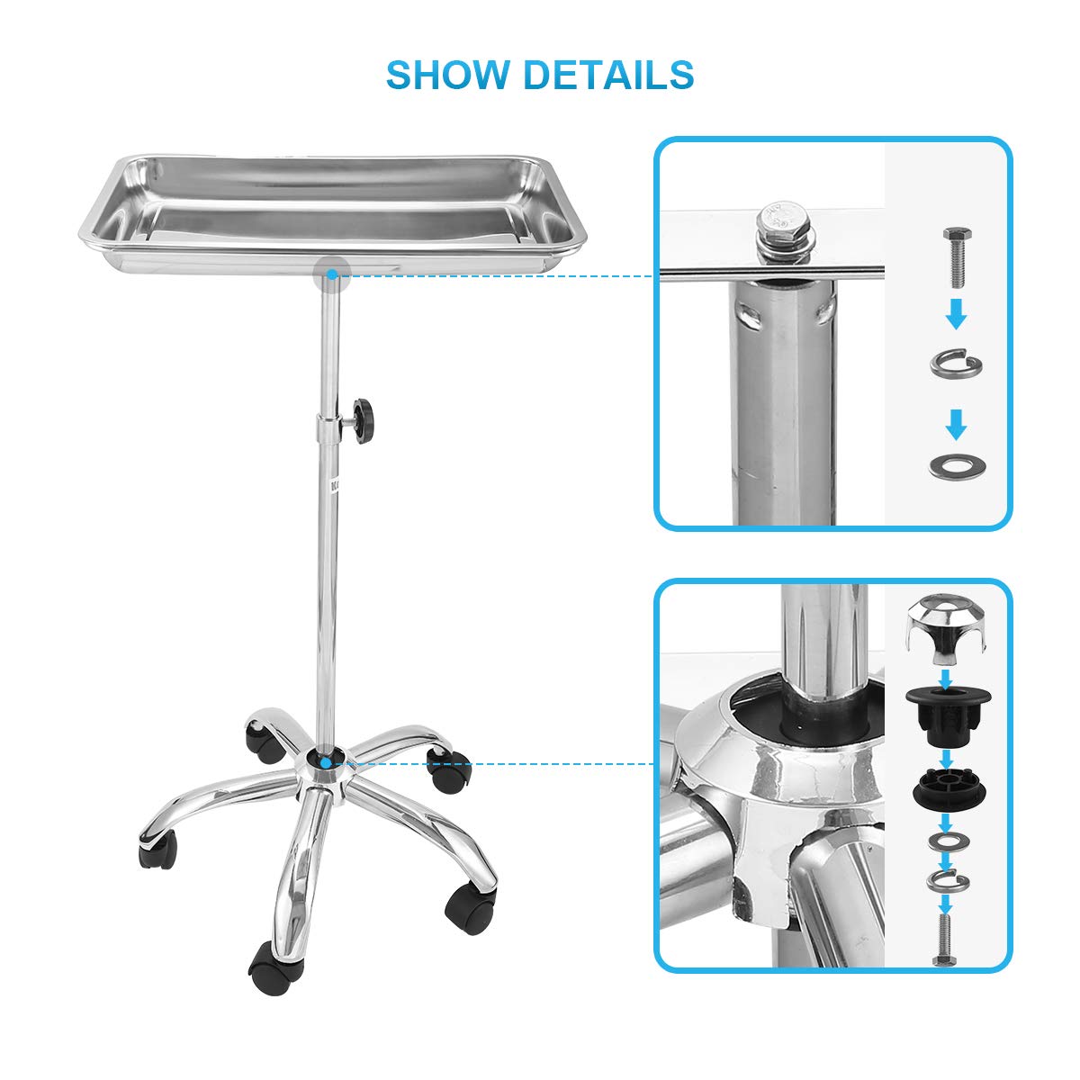 Konmee Upgraded Mayo Instrument Stand with Mobile 5 Caster Base Mobile Medical Doctor Tattoo Spa Salon Service Instrument Procedure Trays with Lift Out Work Tray