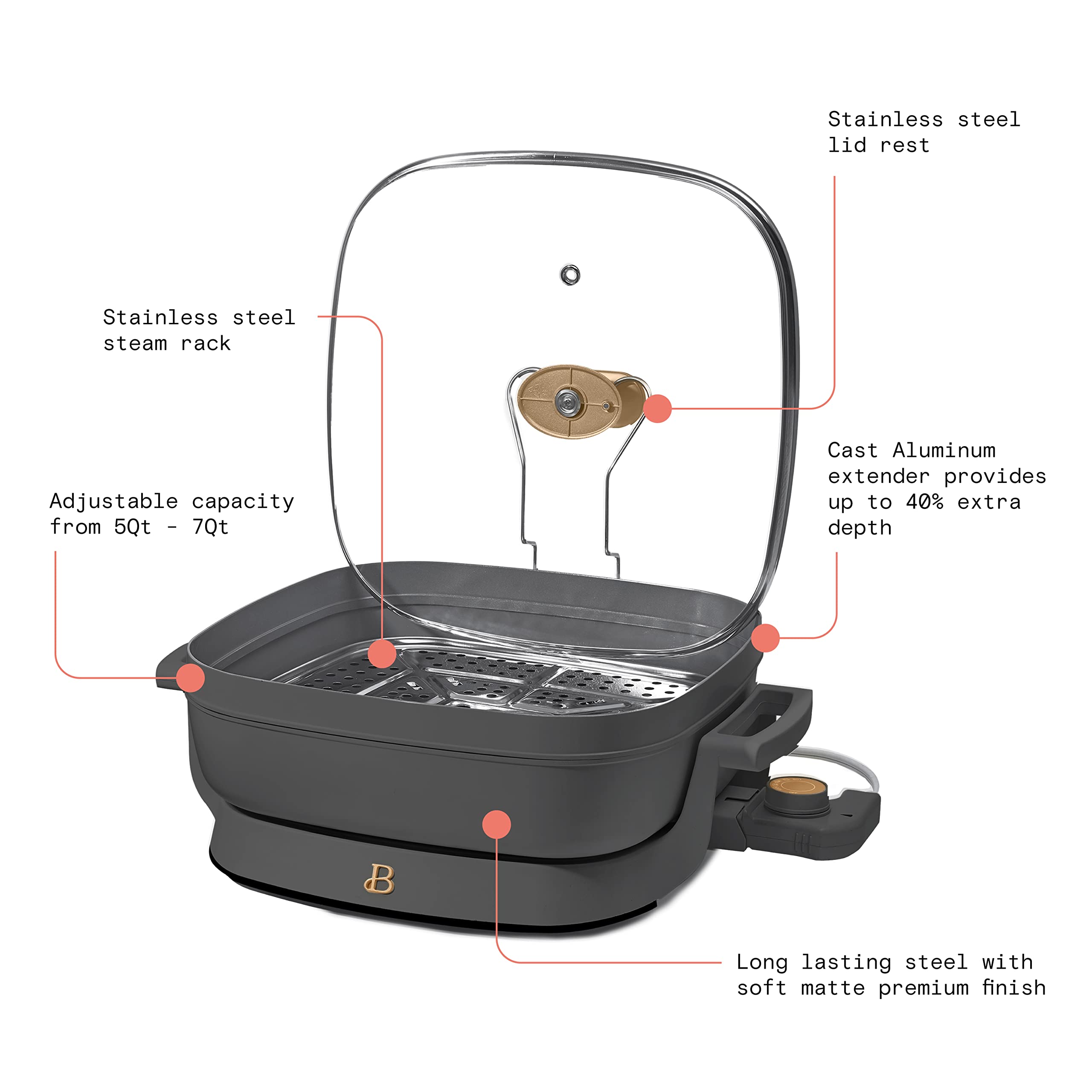 5-in-1 Electric Expandable Skillet, Oyster Grey by Drew Barrymore, Up to 7 QT