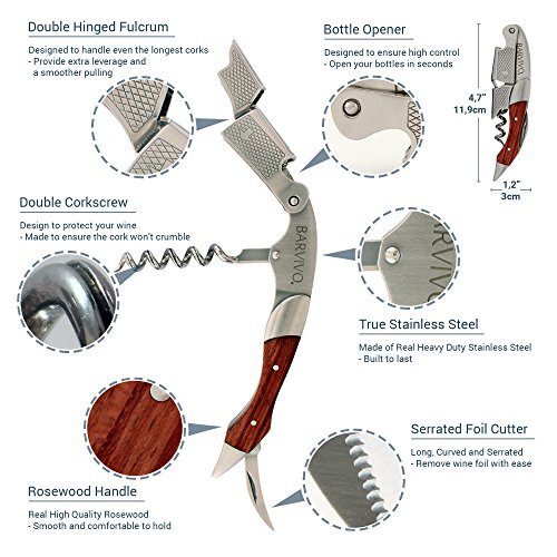 Barvivo Wine Opener with Foil Cutter Knife & Cap Remover - Double Hinged Manual Wine Key for Servers, Bartenders & Waiters - Wine Accessories Ideal as Valentines Day Gifts for Him - Natural Rosewood