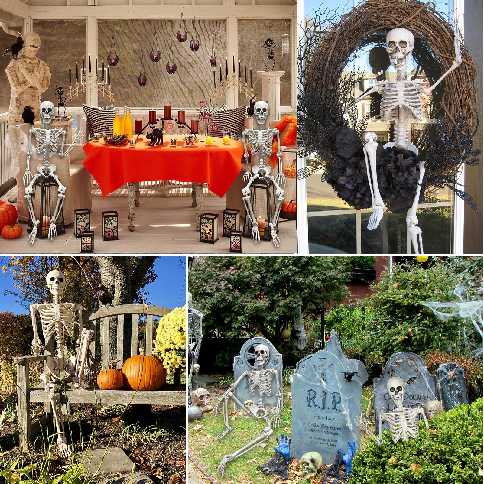 38" Posable Halloween Skeleton Decorations, Full Body Halloween Skeleton with Movable Joints for Haunted House Graveyard Props Indoor and Outdoor Decor