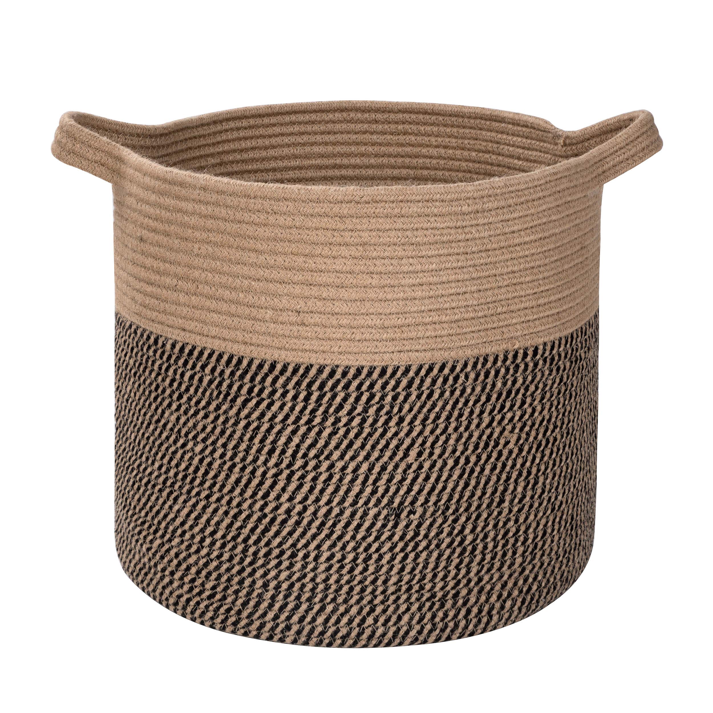 MINTWOOD Design 15 x 14 Inches Decorative Woven Cotton Rope Storage Basket, Stuffed Toy Basket Bin, Laundry Basket, Nursery Basket, Blanket Basket, Dog Toy Basket, Planter Basket, Black Jute