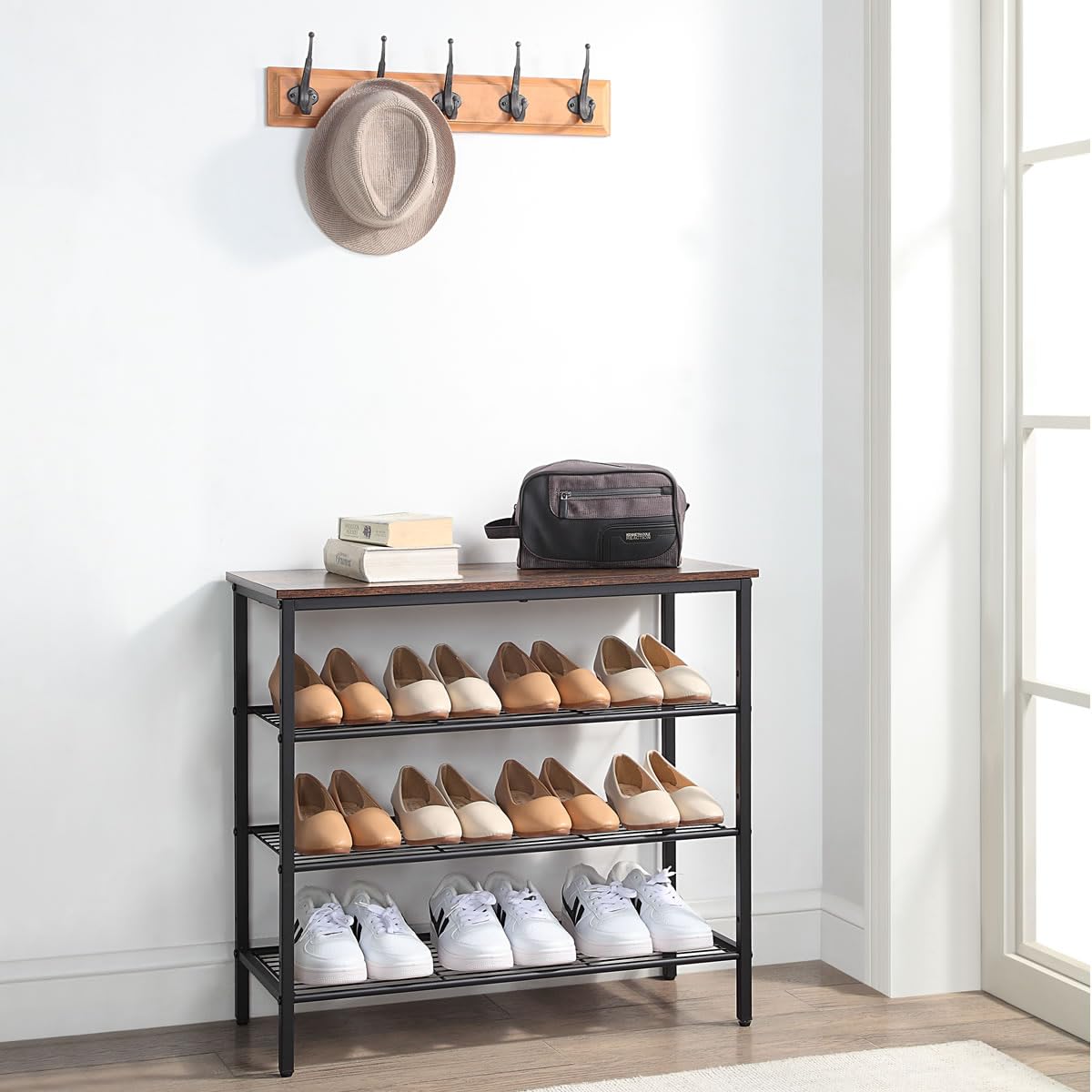 HQXING 4-Tier Shoe Rack Organizer, Metal Mesh Shoe Storage Shelf, for Entryway, Hallway, Closet, Dorm Room, Industrial, Rustic Brown