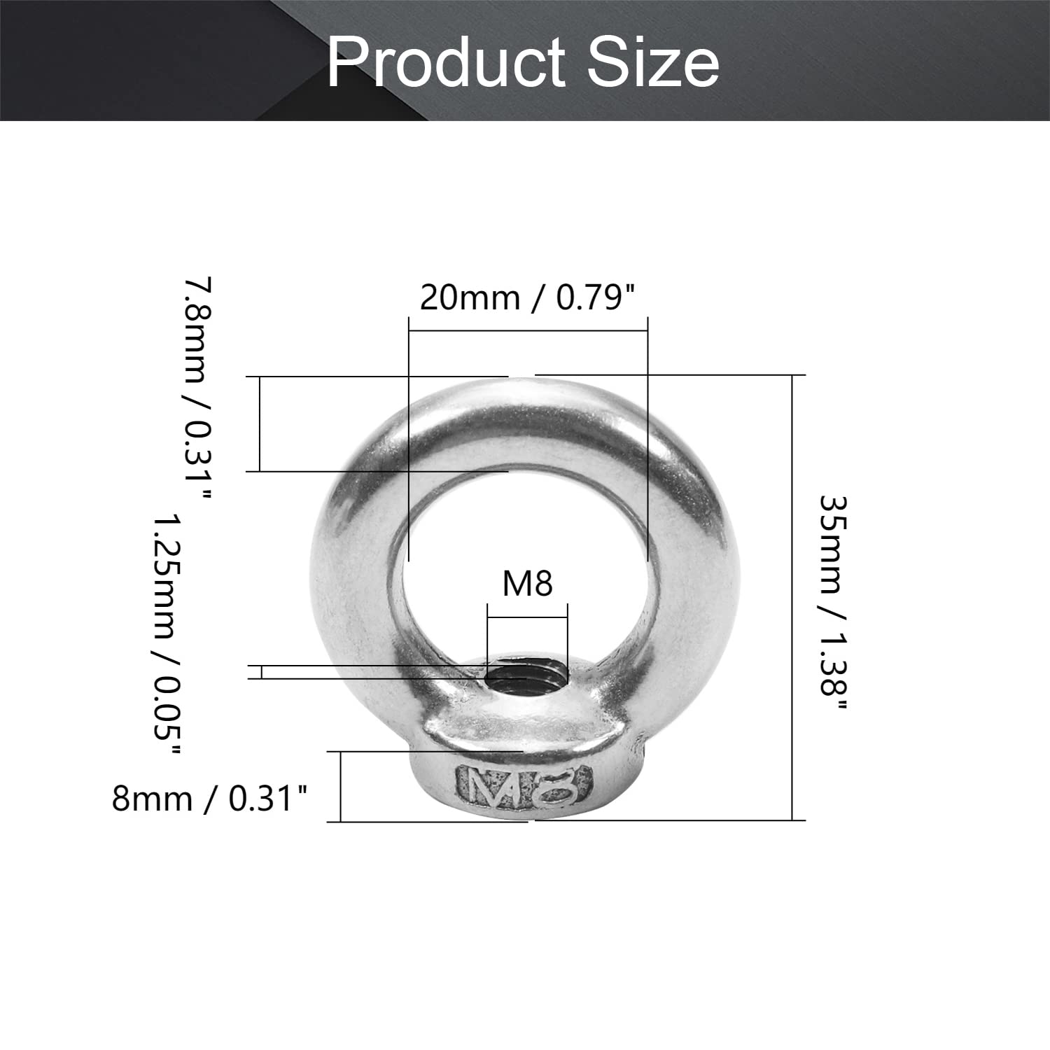 MroMax 20Pcs Lifting Eye Nut M8 Metric Female Thread Ring Shape Nut 304 Stainless Steel Round Shape Fastener Lifting Ring for Rope Fitting Silver