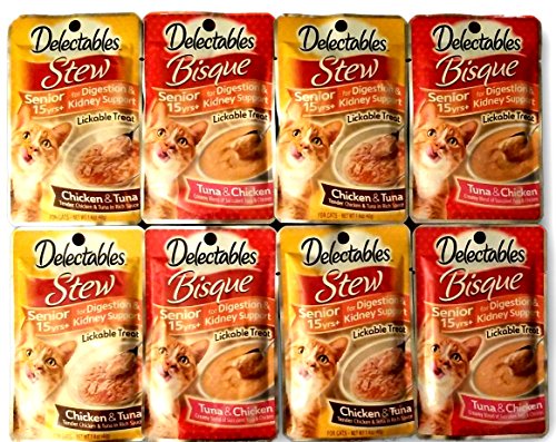 Delectables Lickable Treats Senior 15yrs+ Variety Bundle for Cats. Two Flavors, 4 Pouches of Each Flavor. 8 Total 1.4 oz Pouches.